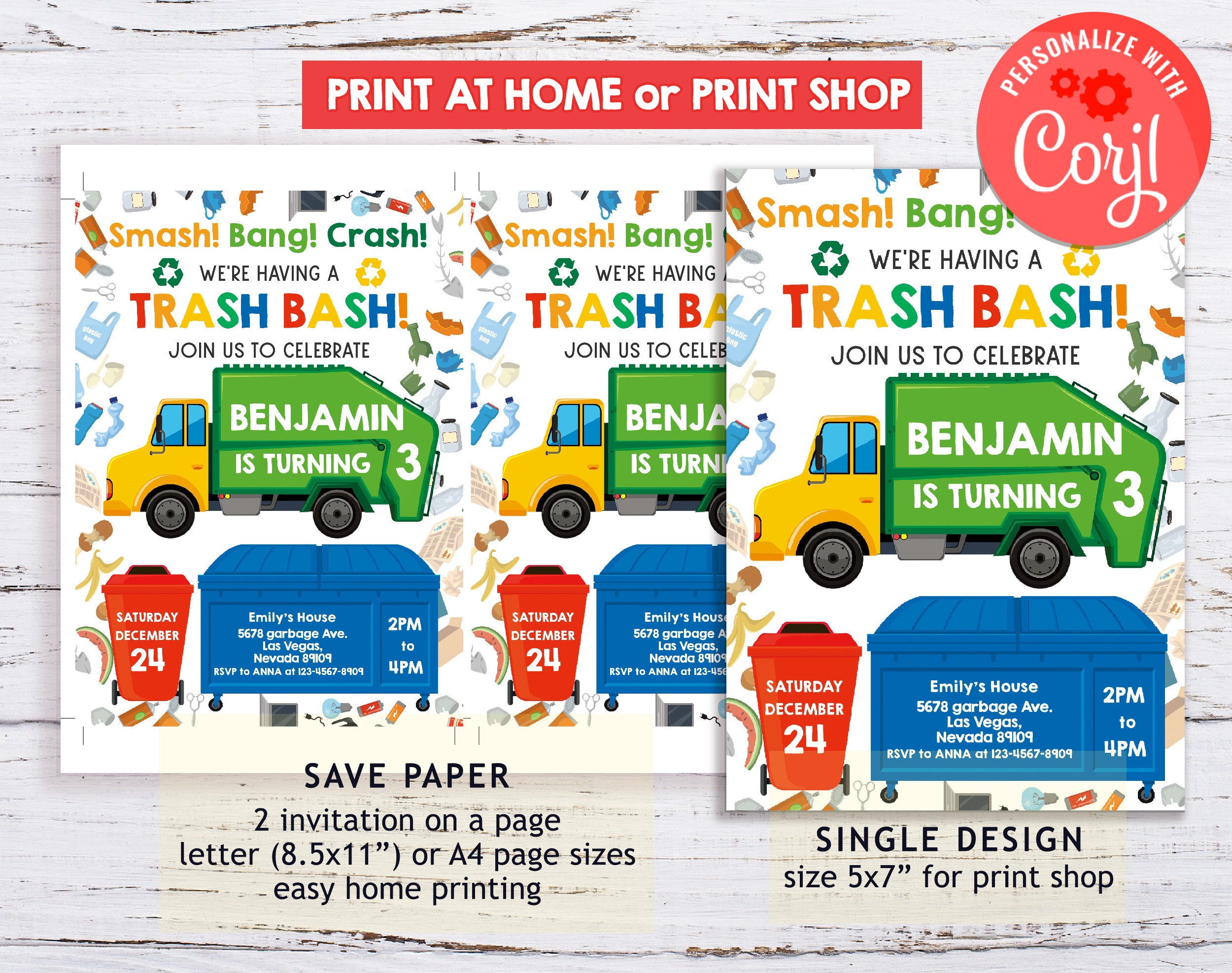 Garbage Truck Birthday Invitation Party Invites Dump - Etsy