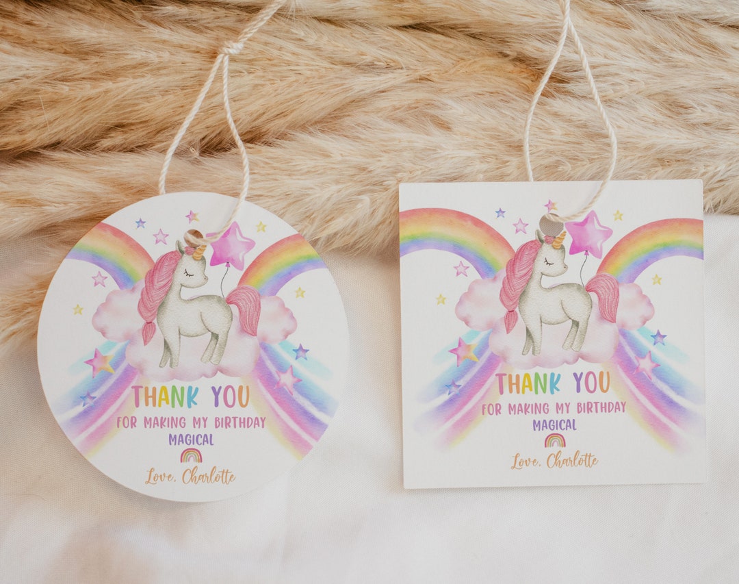 Unicorn Birthday Party Favor Tag Pastel Rainbow Thank You Stickers Girl ...
