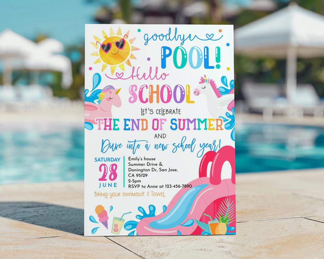 Goodbye Pool Hello School End of Summer Party Invitation Waterslide ...