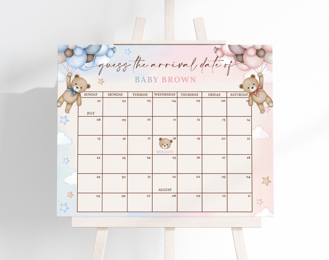 Teddy Bear Baby Shower Due Date Calendar Game Guess Baby's Birthday ...