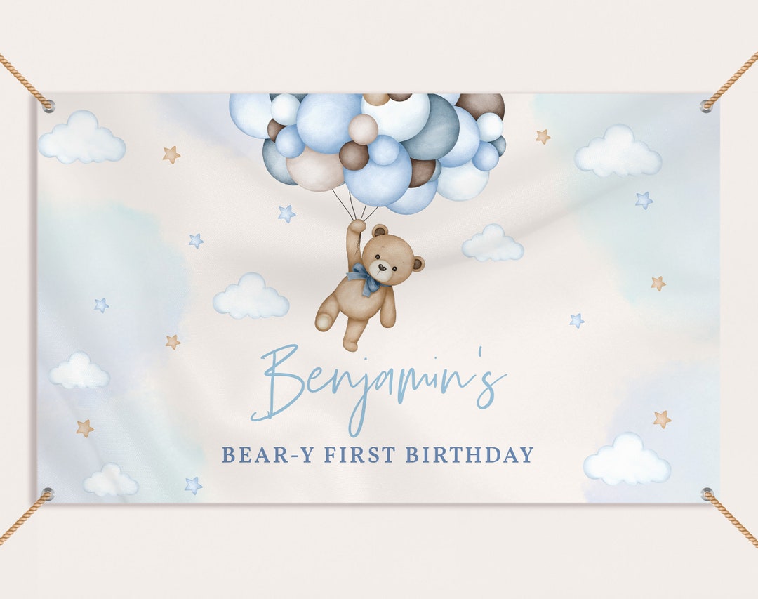 Teddy Bear Birthday Backdrop Banner Beary First Boy Birthday Party ...