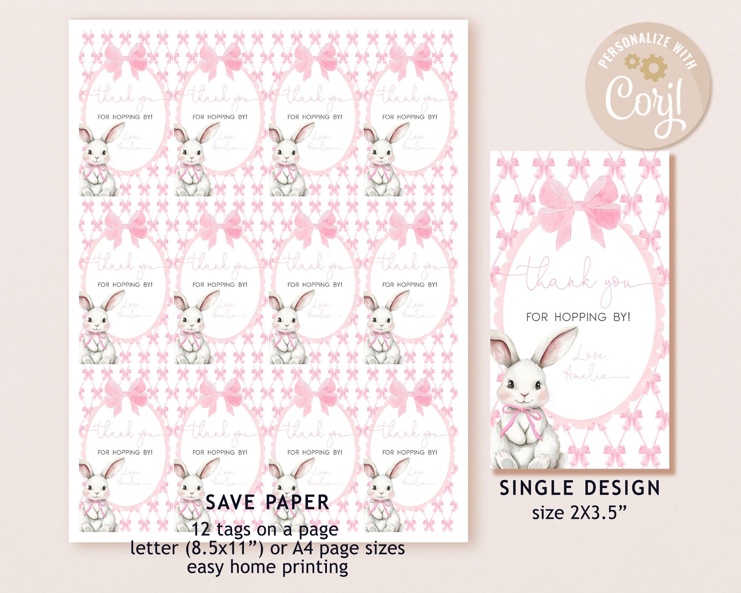 Bunny Birthday Gift Tag Pink Bow Gingham Coquette Baby Shower Favor Tag ...