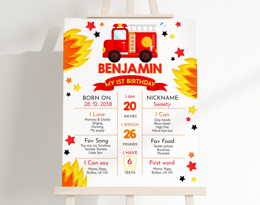 Firetruck Milestone Board Sign Girl Boy 1st First Birthday Party Decor ...