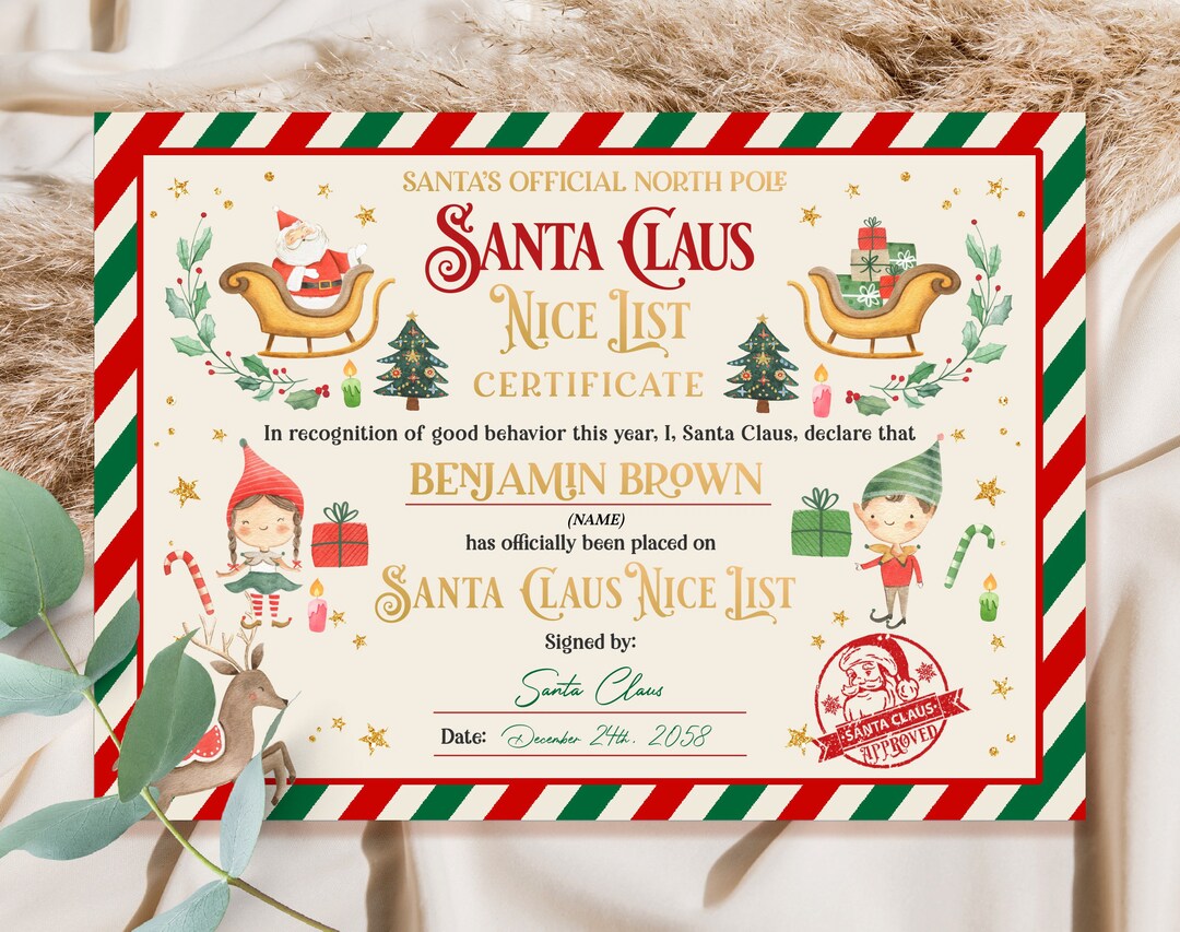 Santa's Nice List Certificate, Christmas Letter From Santa, North Pole ...
