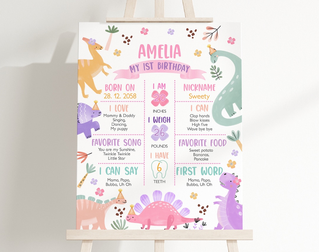 Pastel Dinosaur Milestone Board Sign Boy Girl 1st Birthday Party Decor ...