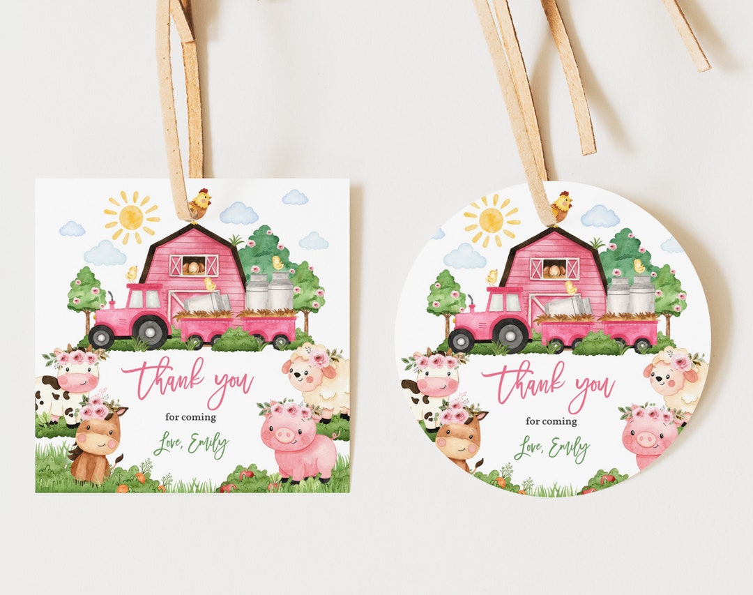 Farm Baby Shower Favor Tags Barn Animals Girl Birthday Gift Tags Pink ...