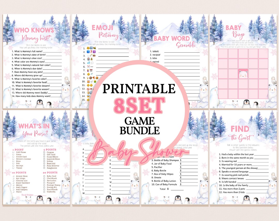 Winter Wonderland Baby Shower Games Set Girl Polar Bear Arctic Animals ...