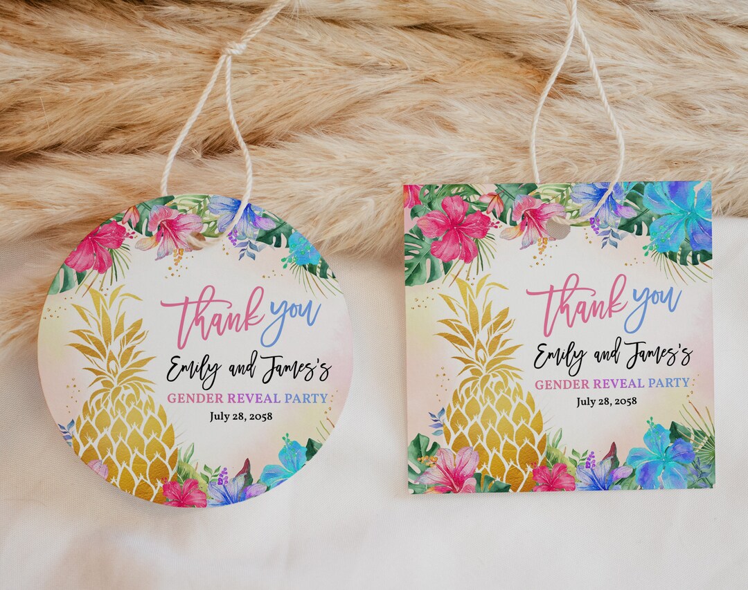 Aloha Gender Reveal Favor Tags Hawaiian Tropical Luau Baby Shower Gift ...