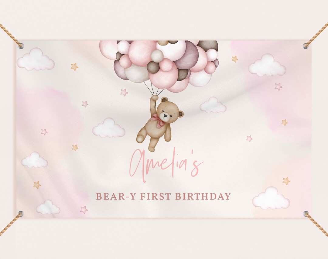 Teddy Bear Birthday Backdrop Banner Picnic Party Sign Cute Pink Pampas ...
