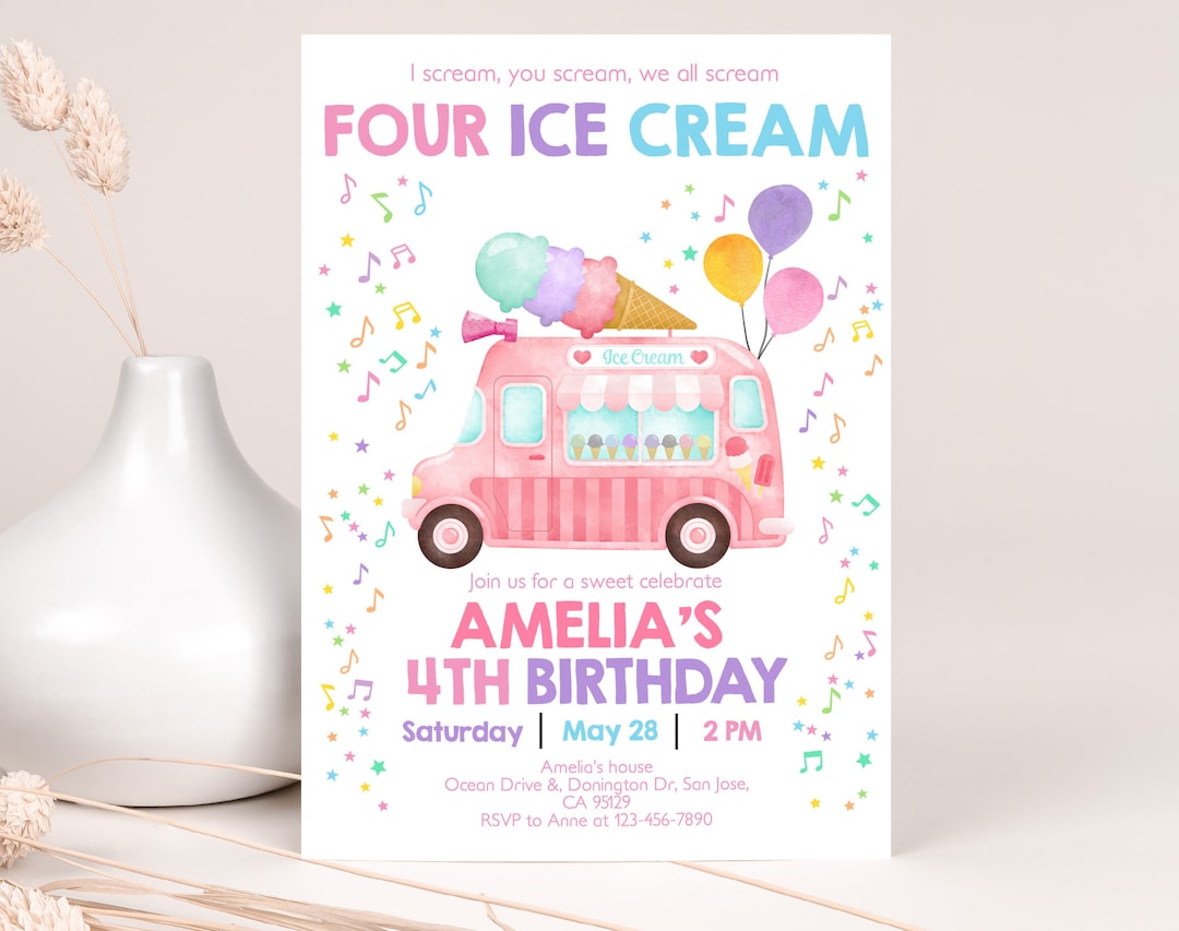 Ice Cream Truck Birthday Invitation Girl 4th Birthday Party Invite Any ...
