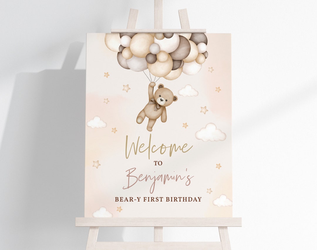 Teddy Bear Welcome Sign Neutral Beige Bear Birthday Yard Sign 1st First ...