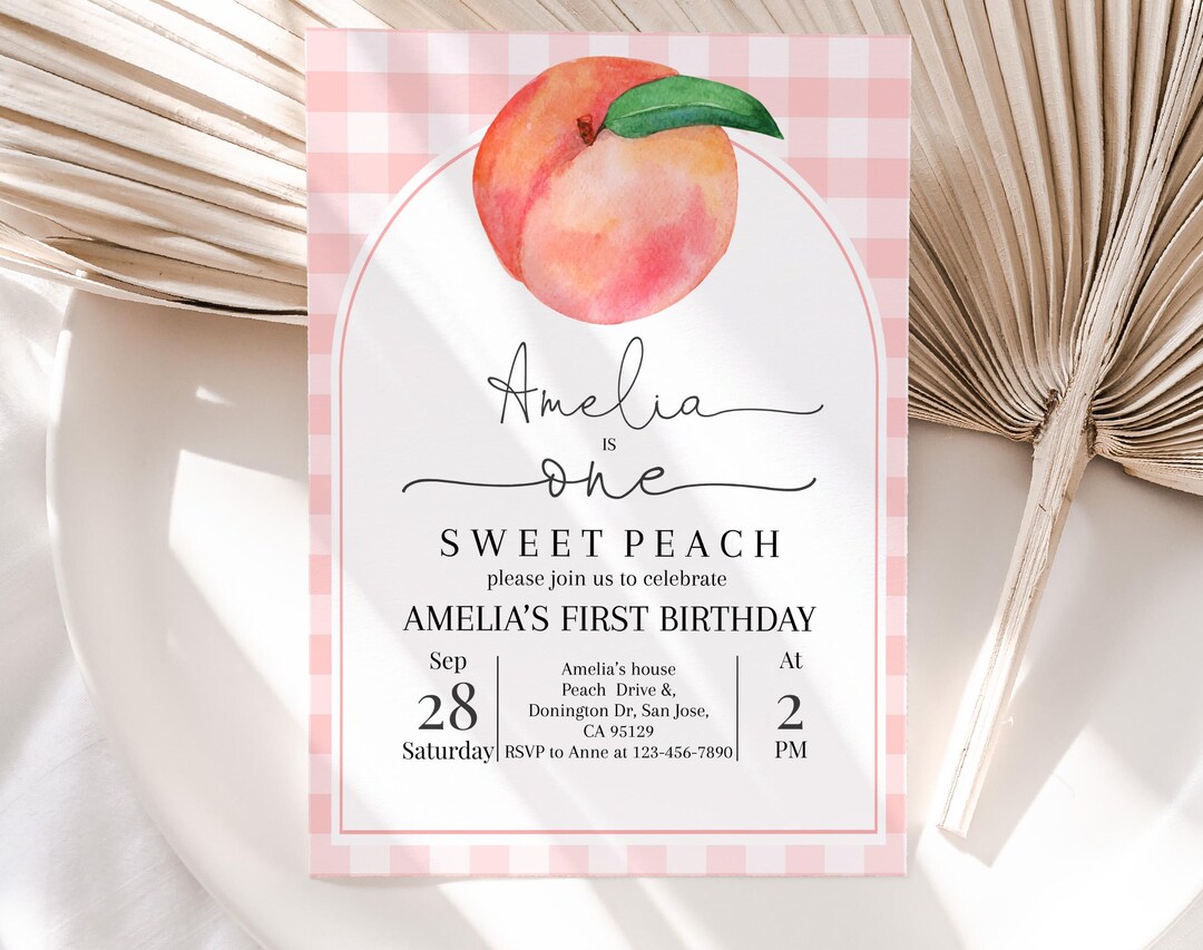 Peach Birthday Invitation One Sweet Peach Invite Little Girl 1st First ...