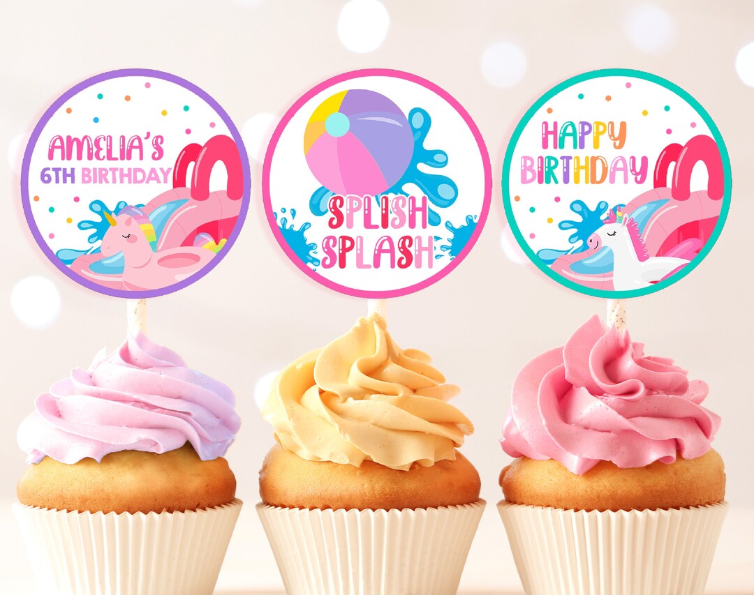 Waterslide Cupcake Toppers Girl 1st Birthday Party Decor Pink Water ...