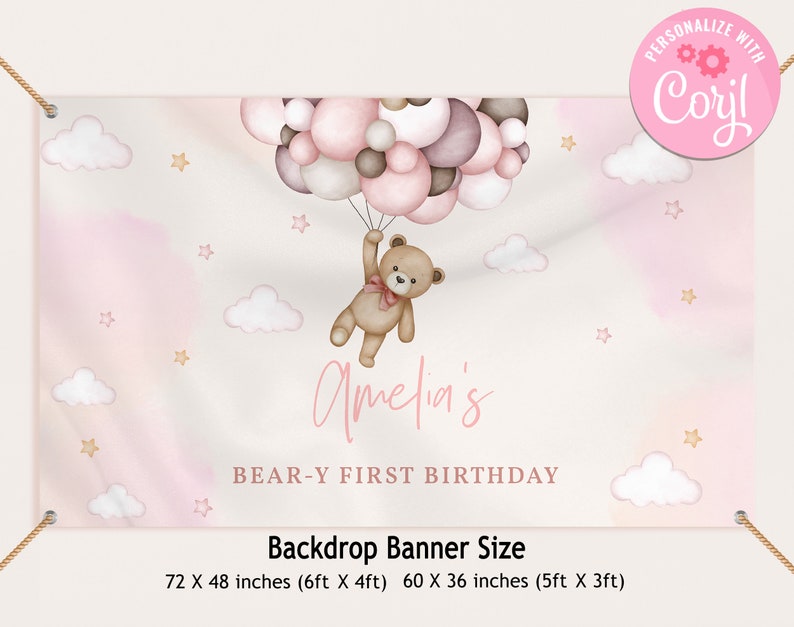 Teddy Bear Birthday Backdrop Banner Picnic Party Sign Cute Pink Pampas ...