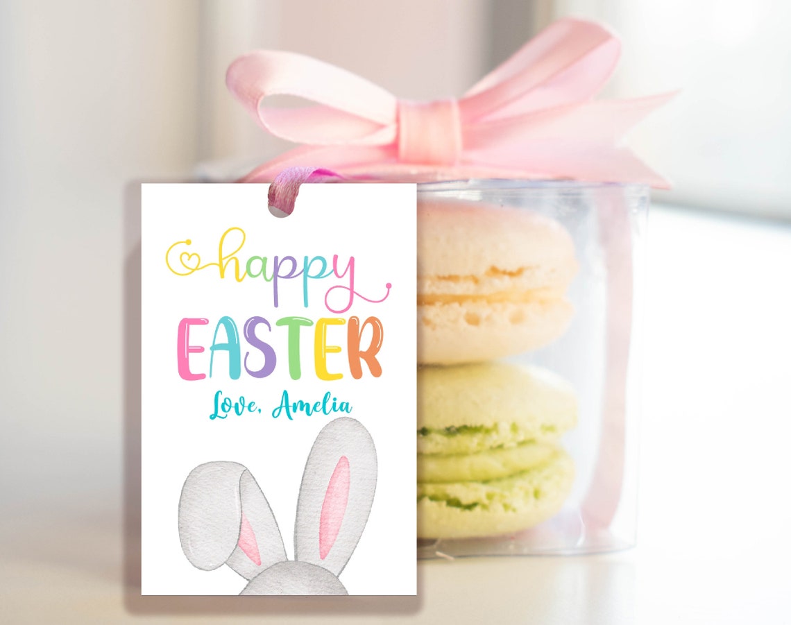 EDITABLE Easter Bunny Ears Tag Happy Party Gift Basket Label Rabbit ...