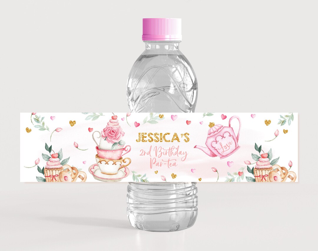 Tea Party Water Bottle Label Girl 1st Birthday Decor Gold Blush Pink ...