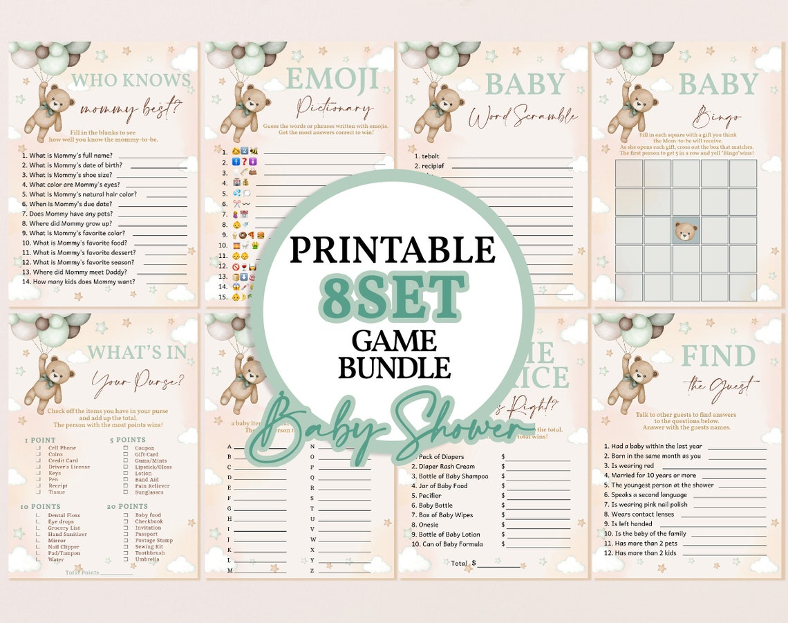 Teddy Bear Baby Shower Games Set Fall Autumn Party Bundle Emoji Bingo Package Sage Green Pampas ...