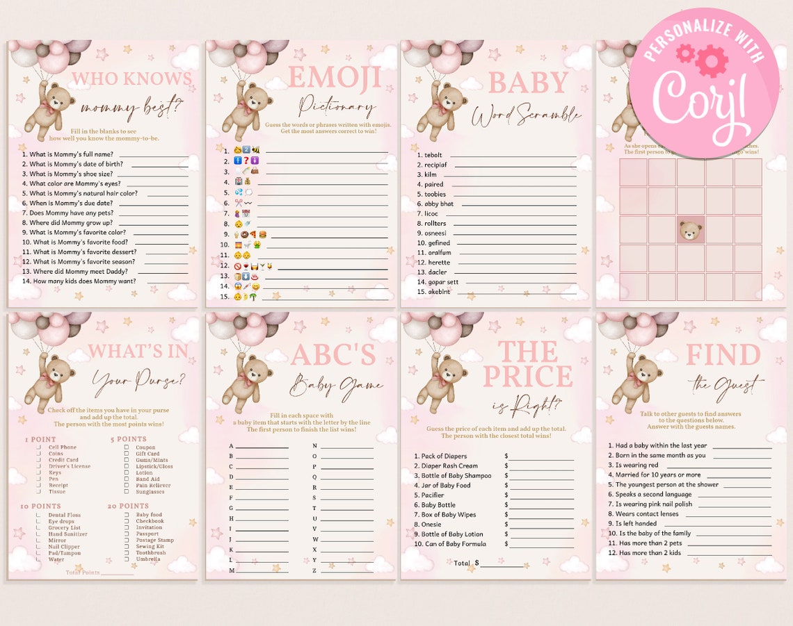 Teddy Bear Baby Shower Games Set Printable Fall Autumn Gender - Etsy