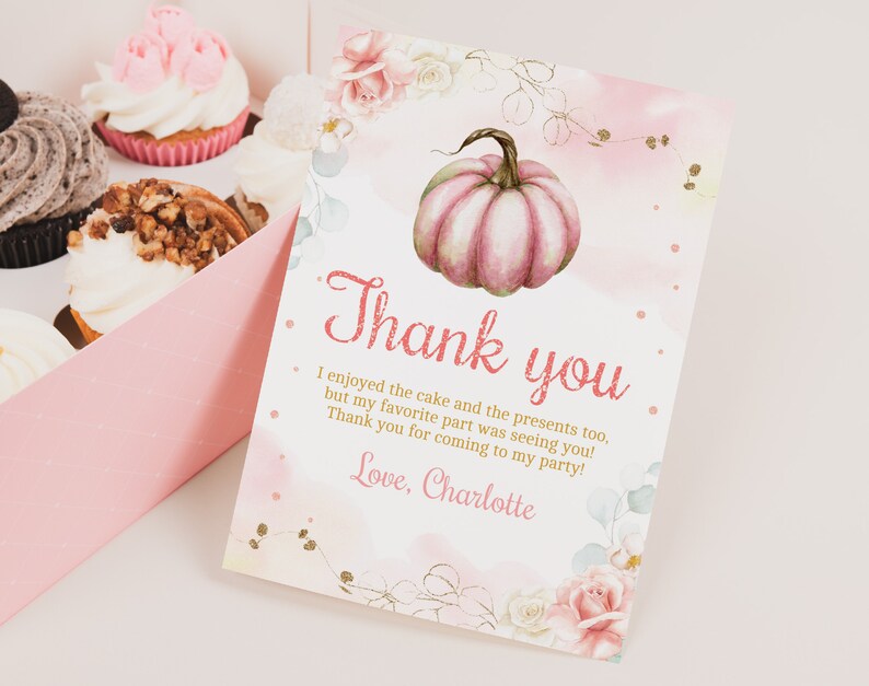 Pumpkin Birthday Thank You Card Girl First Birthday Thank You Note Fall ...