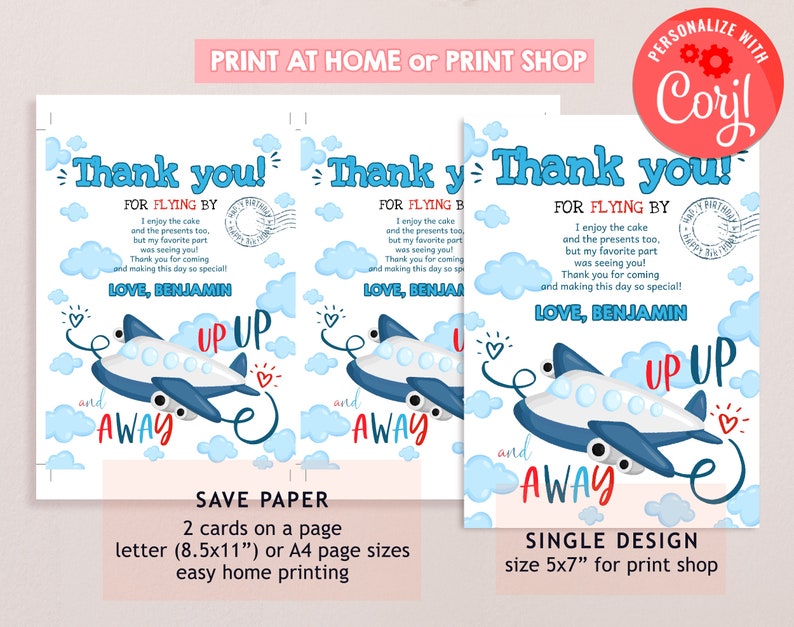 EDITABLE Airplane Thank You Cards Aviation Birthday Party Thank You ...