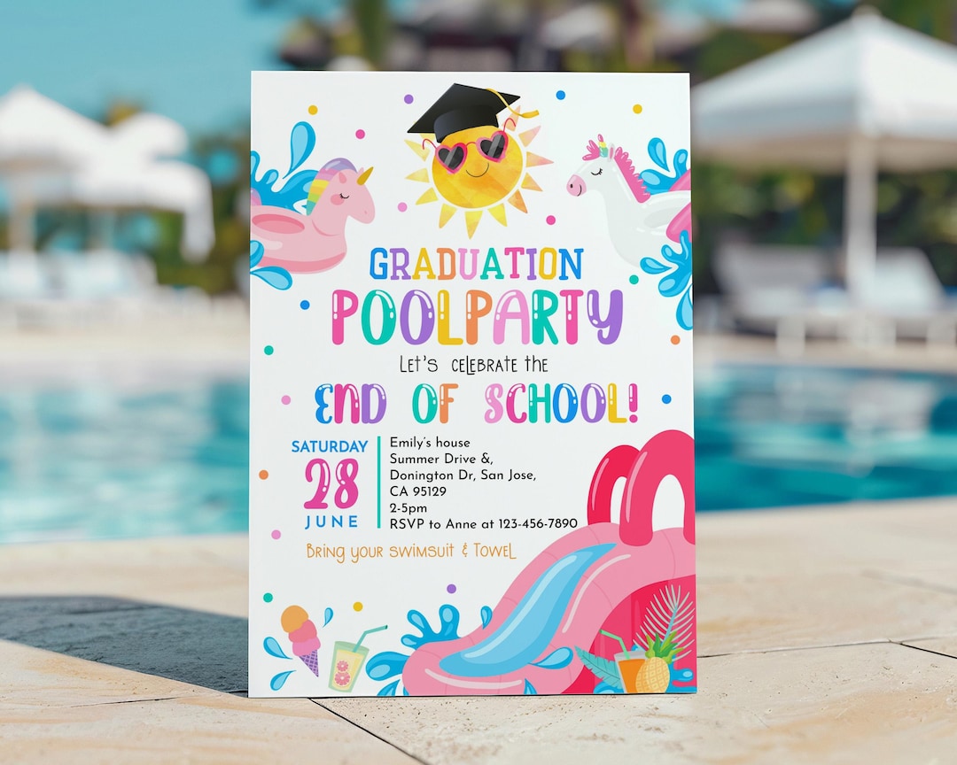 Graduation Pool Party Invitation End of School Year Waterslide Summer ...