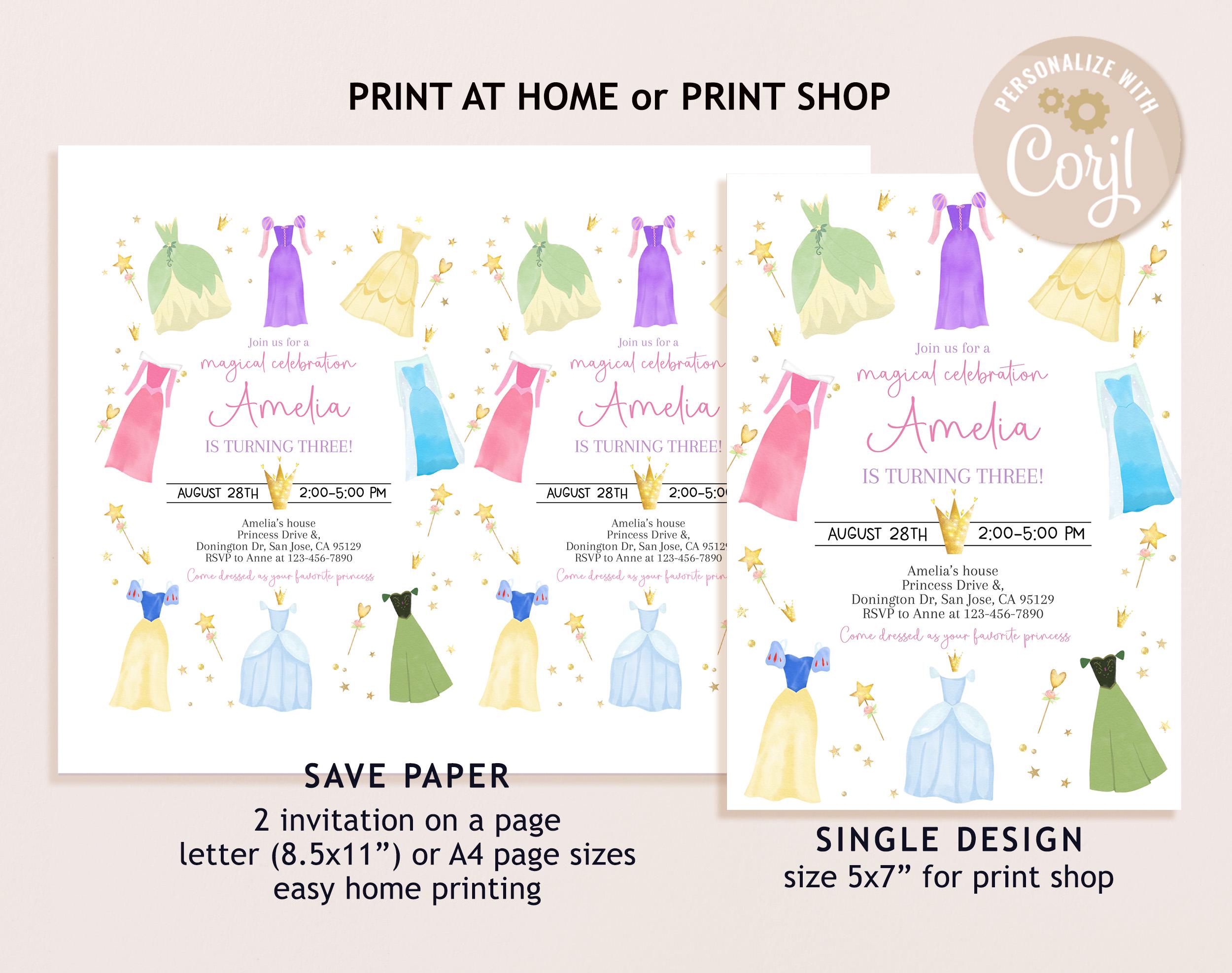Princess Birthday Invitation Once Upon a Time Princess Dresses Invite ...