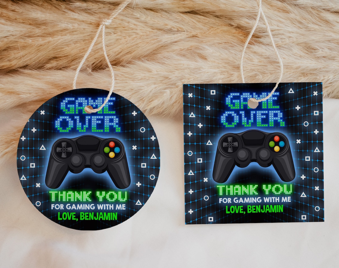 Video Game Birthday Gift Tag Boy Gamer Party Thank You Stickers Green ...