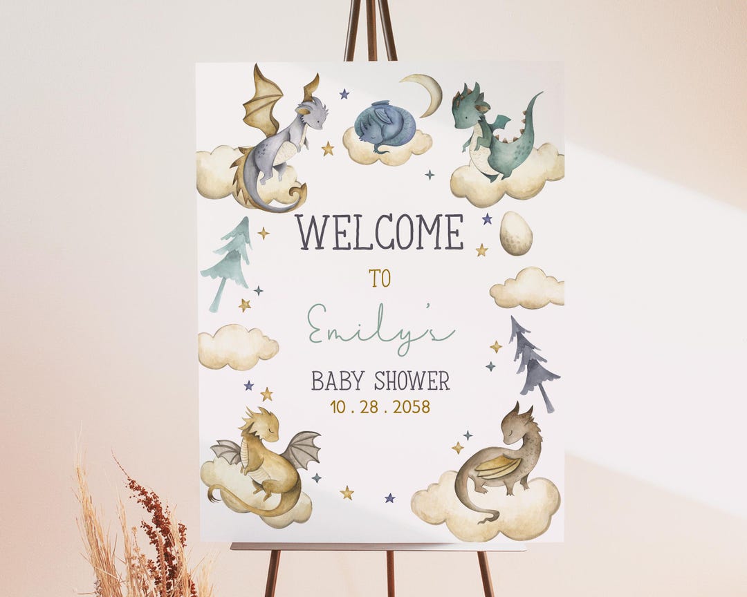 Dragon Baby Shower Welcome Sign Blue Green Dragons Poster Magical ...