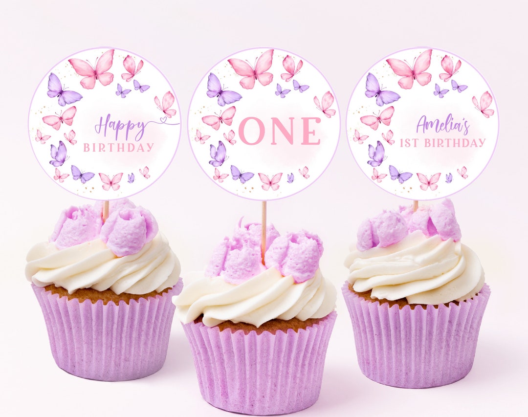 Butterfly Birthday Cupcake Toppers Girl 1st Birthday Decor Pink Purple ...