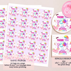 Pool Party Gift Tags Boy Girl Kids Birthday Thank You Stickers Summer ...