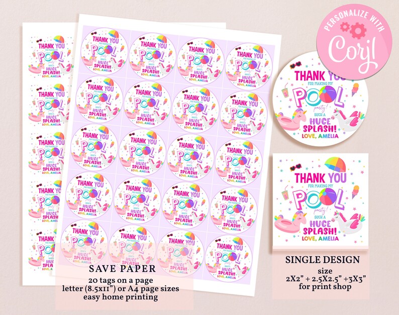 Pool Party Gift Tags Boy Girl Kids Birthday Thank You Stickers Summer ...