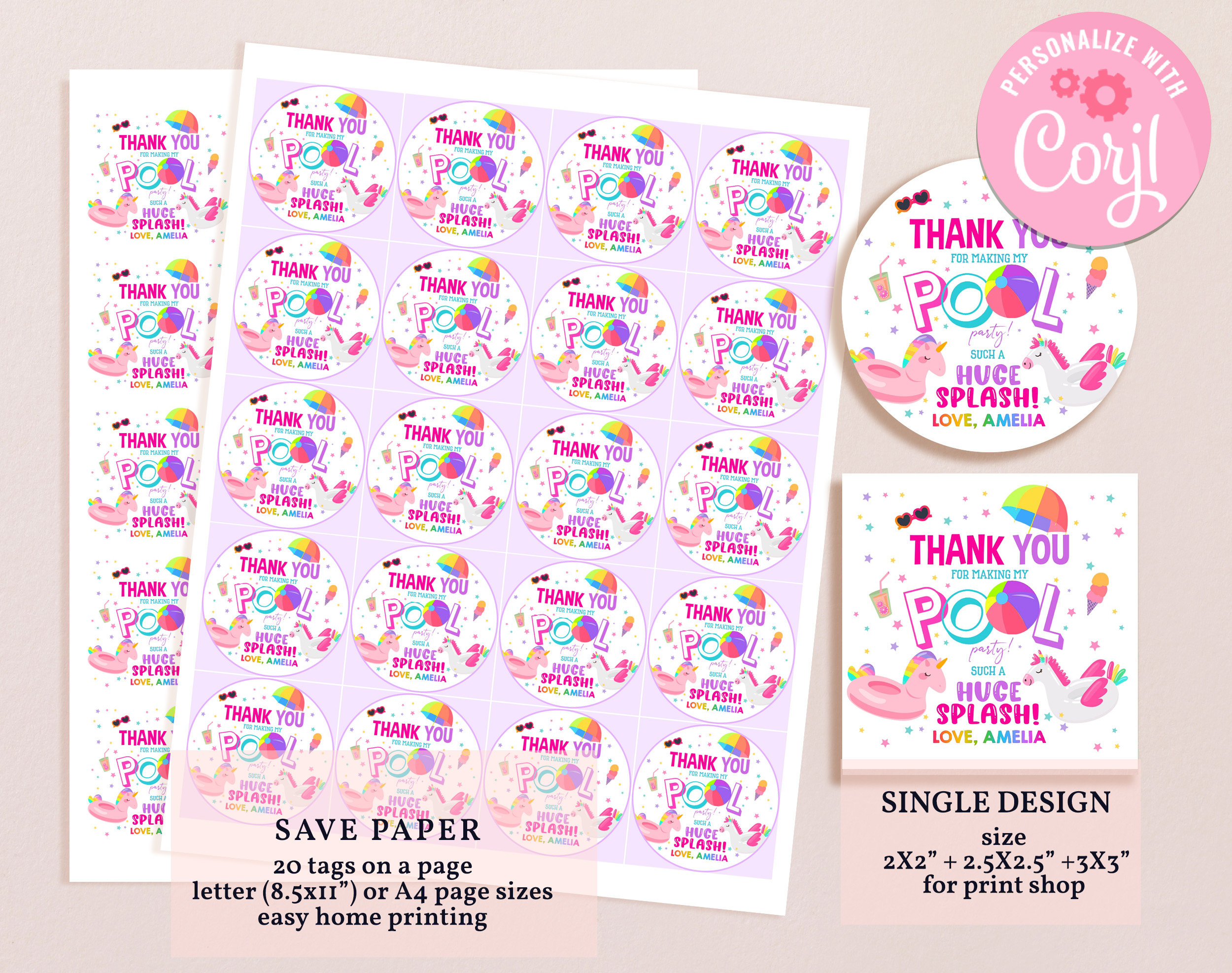 Pool Party Gift Tags Boy Girl Kids Birthday Thank You Stickers Summer ...