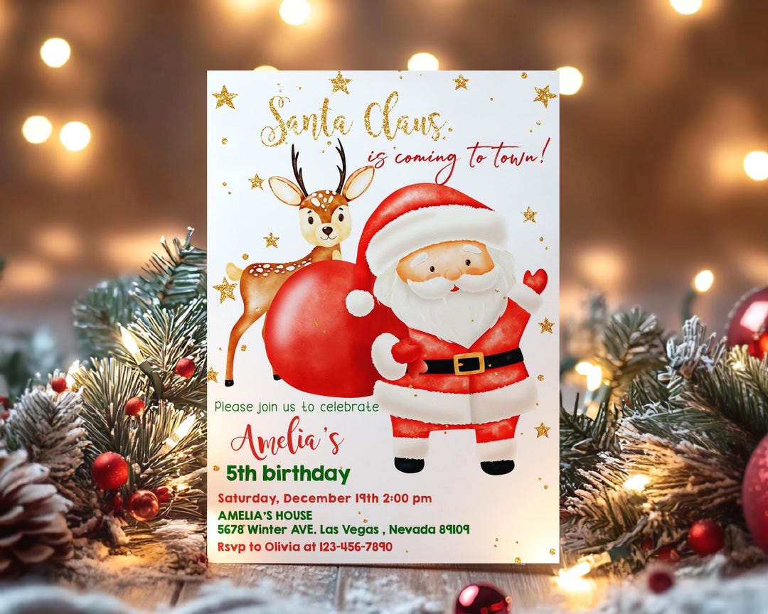 Christmas Birthday Invitation, Santa Claus Invite, Winter Holiday Party ...