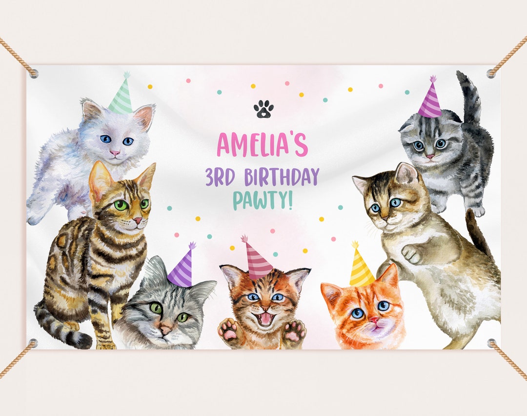 Cat Birthday Backdrop Banner Girl 1st Birthday Decor Pink Kitty Cat ...