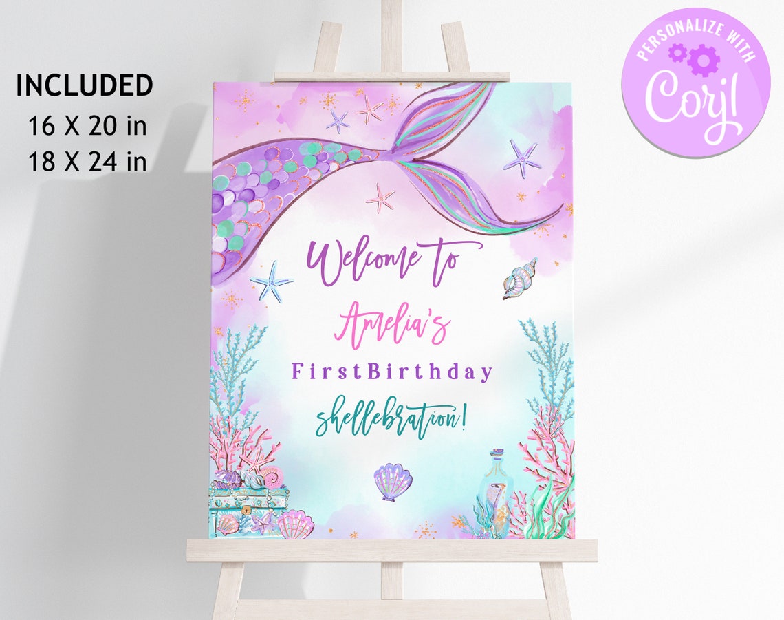 Mermaid Welcome Sign Girl 1st Birthday Party Decor Under the Sea Poster ...