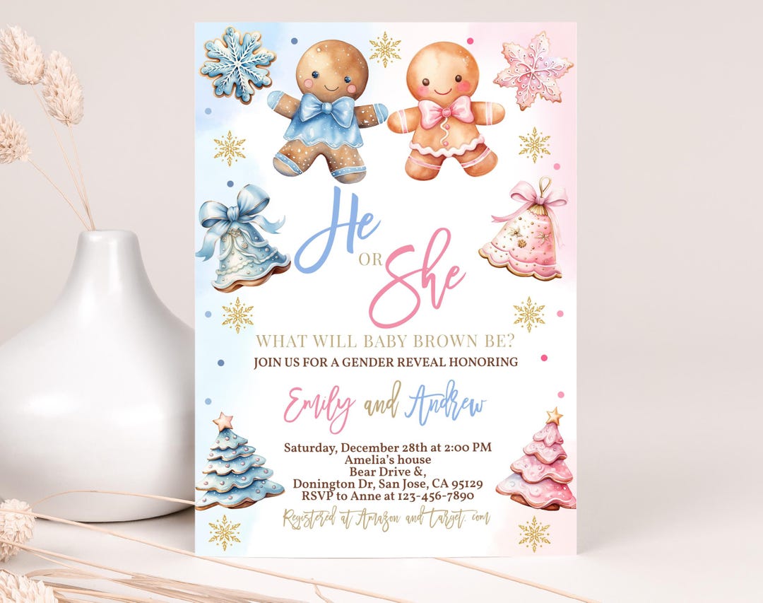 Gingerbread Gender Reveal Invitation, Christmas Cookie Baby Shower ...