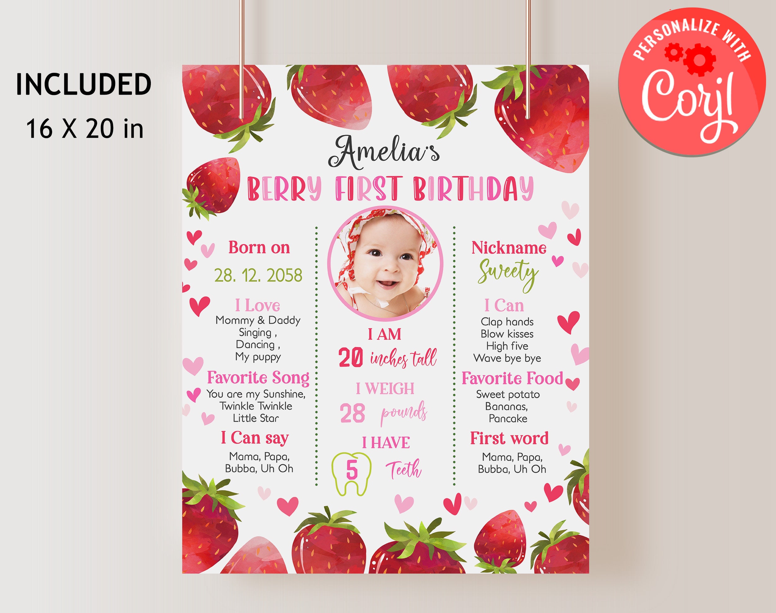 Strawberry Birthday Milestone Board Sign Berry First Birthday Poster ...