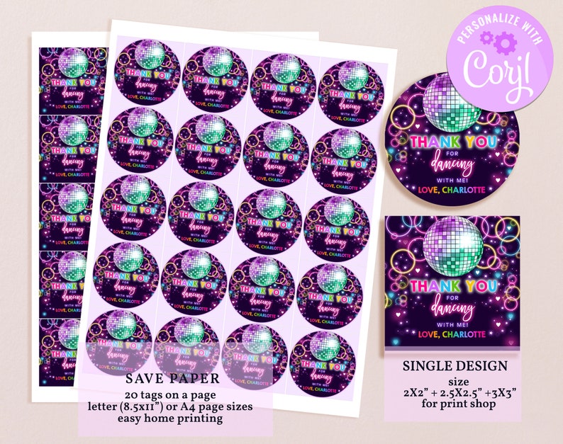 Dance Party Birthday Favor Tags Teen Girl Birthday Gift Tags Neon Glow ...