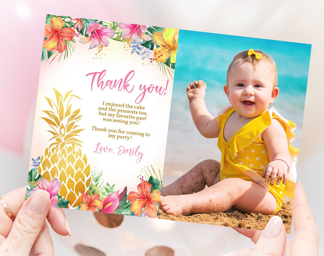 Luau Birthday Thank You Card Girl 1st Birthday Thank You Note Hawaiian ...