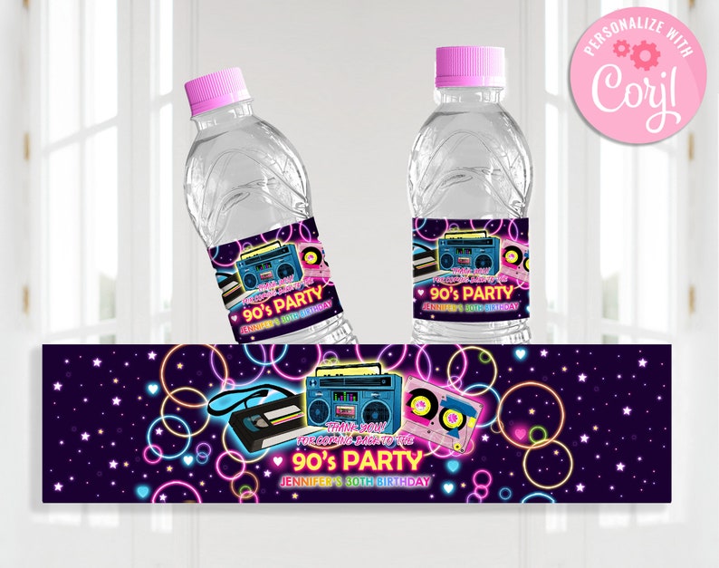 90s Party Water Bottle Label 40th Birthday Decor 80s Retro Back 1990s ...