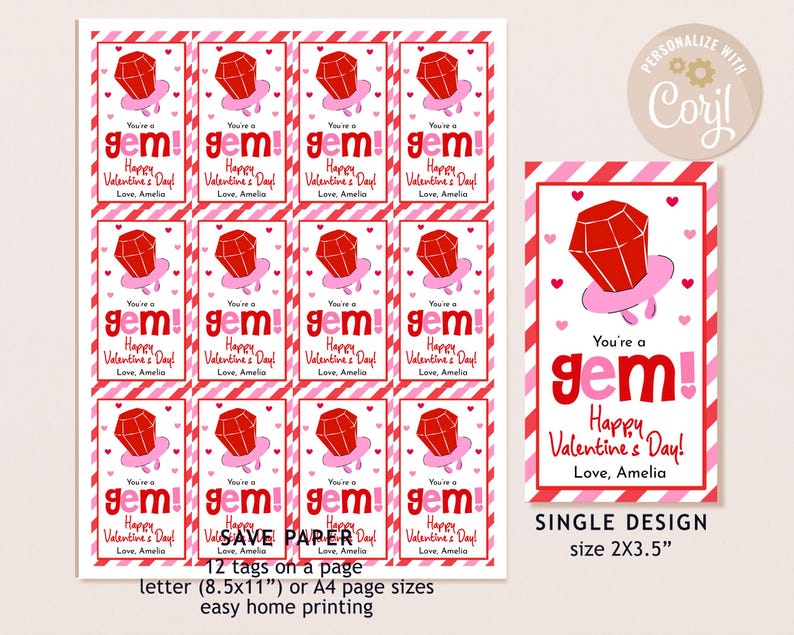 You're a Gem Valentine Tag, Ring Pop Valentine's Day Gift Tag, Pink Red ...