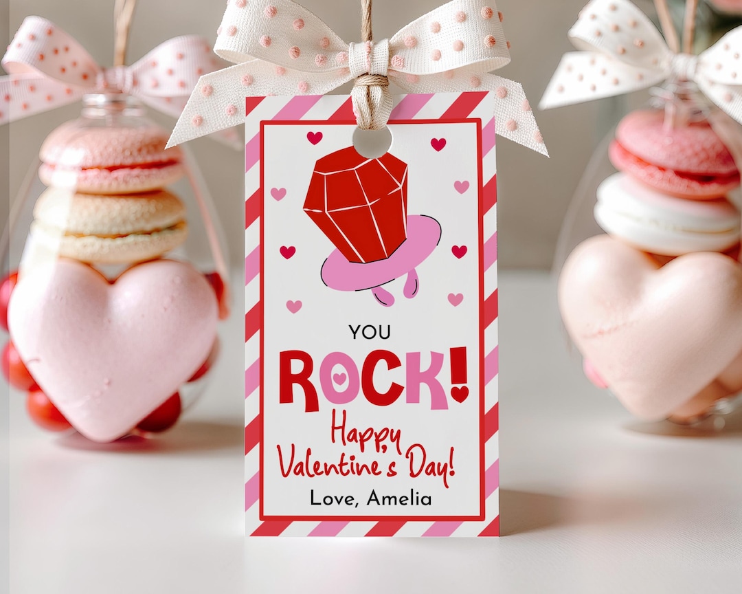 You Rock Valentine's Day Gift Tag, Ring Pop Candy Favor Tag, Pink Red ...