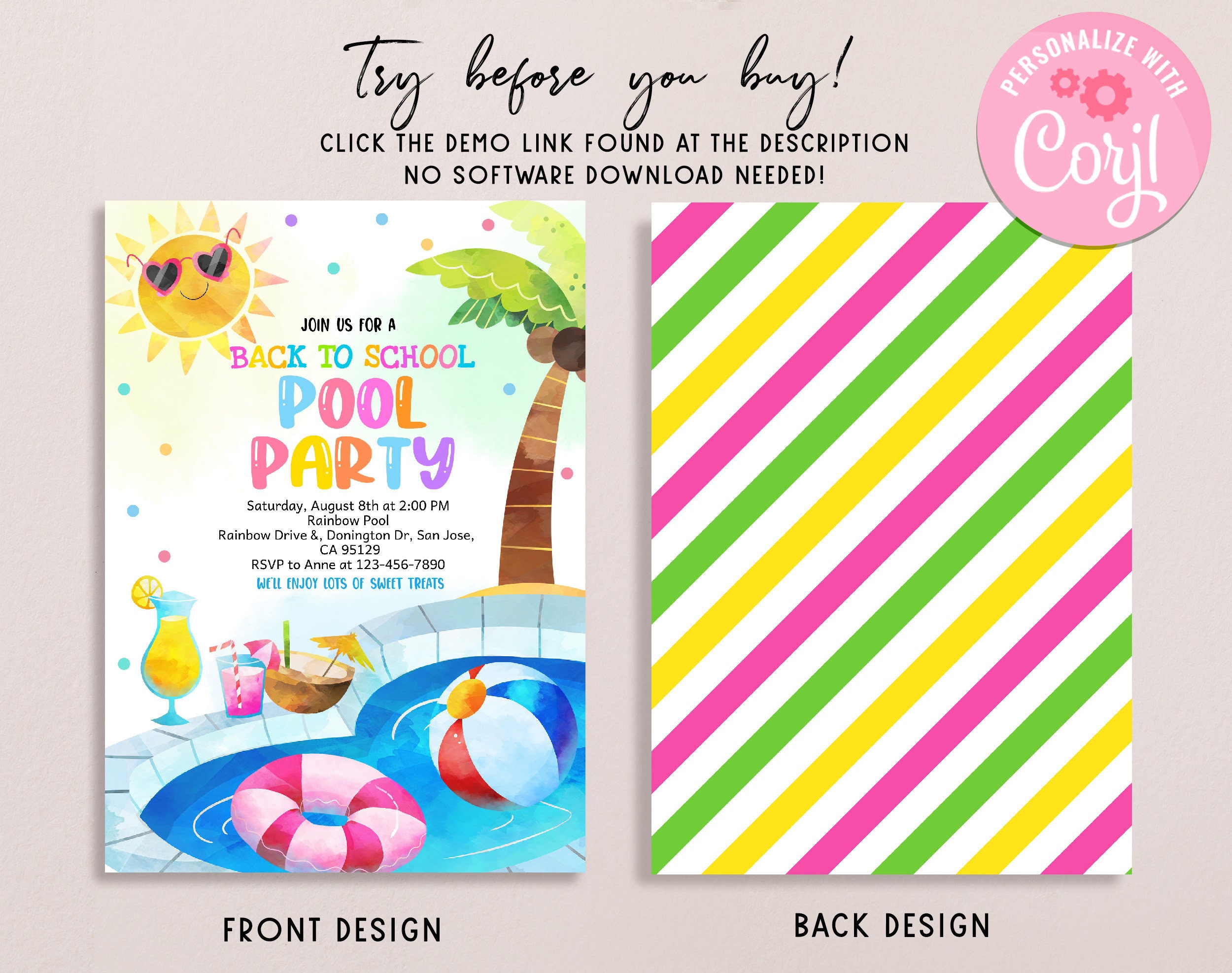 Back to School Invitation End of Summer Pool Party Invites Goodbye ...