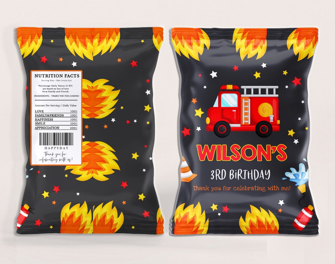 Firetruck Chip Bag Labels Boy 1st First Birthday Party Decor Fireman ...