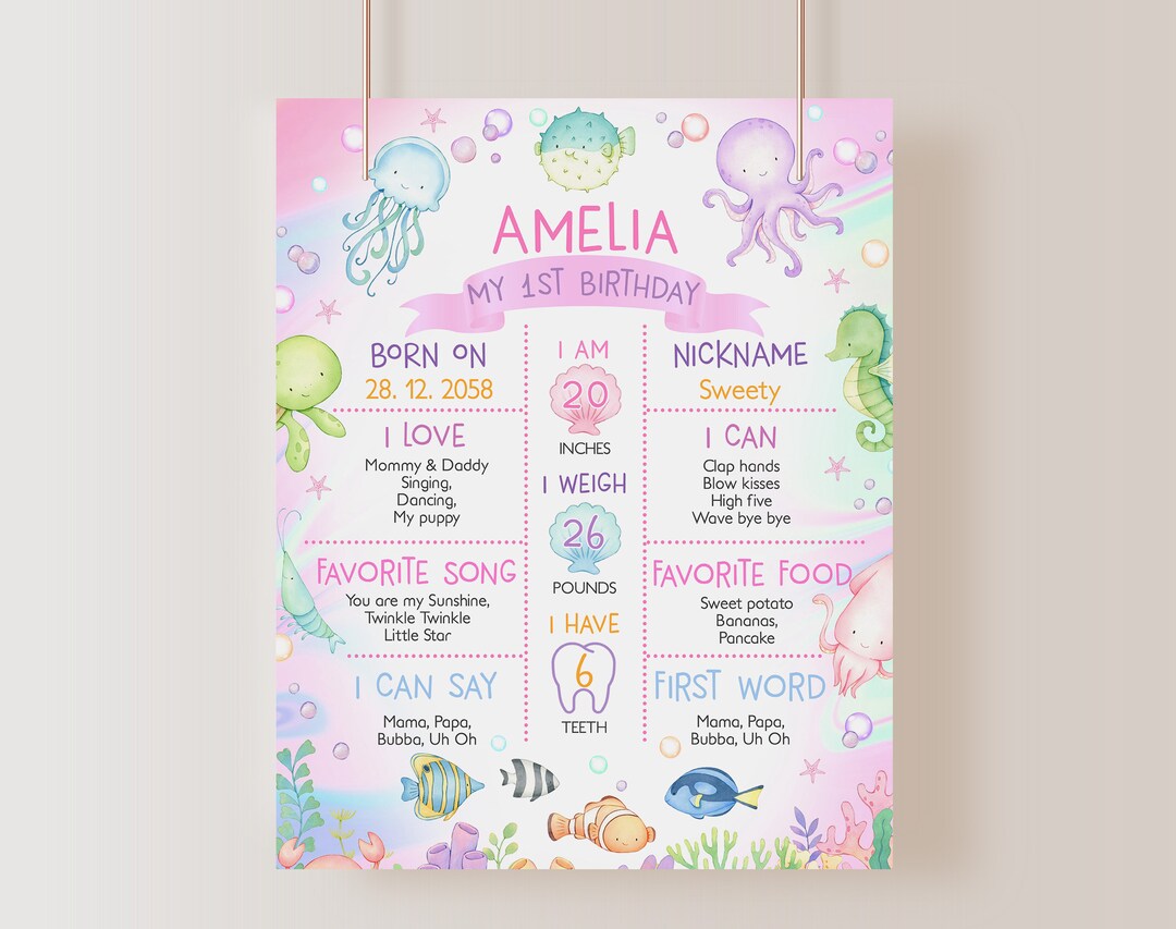 Under the Sea Birthday Milestone Board Sign Ocean Animals Poster Girl ...