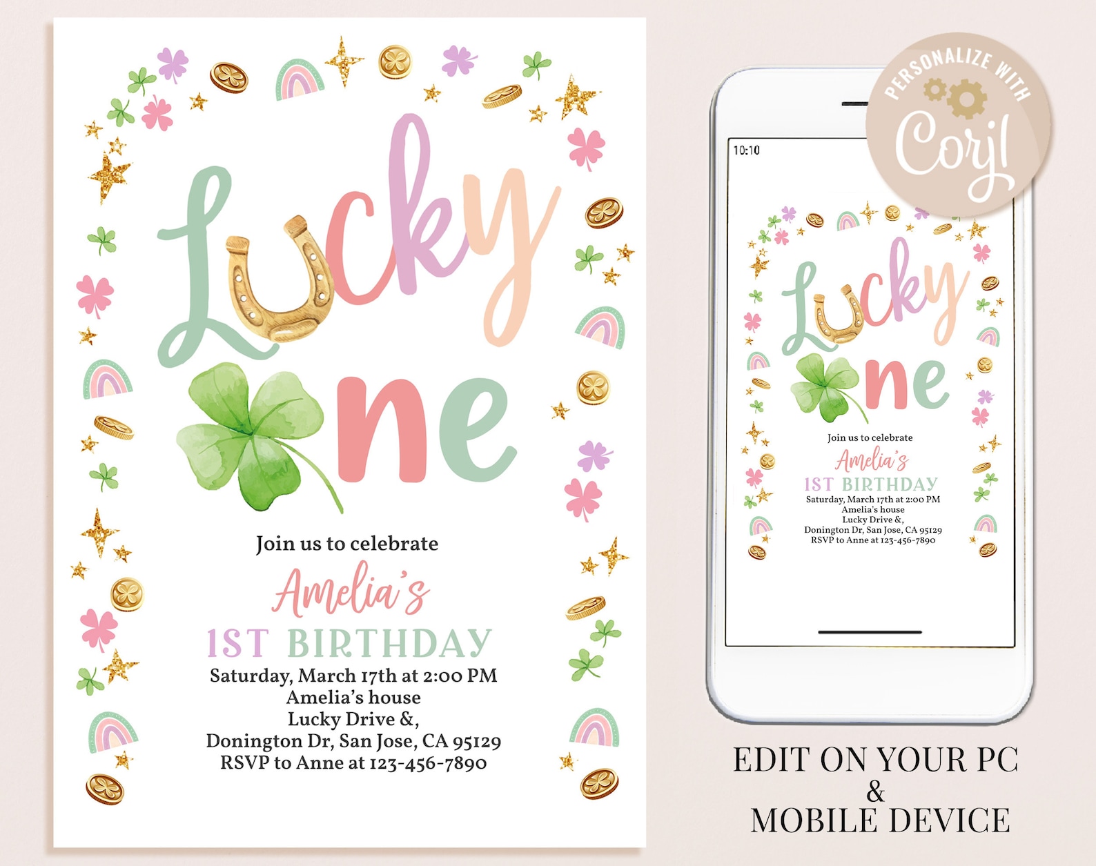 St Patrick's Day Birthday Invitation, Lucky One Girl 1st Bday Invite ...