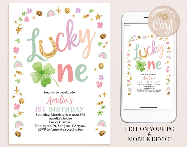 St Patrick's Day Birthday Invitation, Lucky One Girl 1st Bday Invite ...