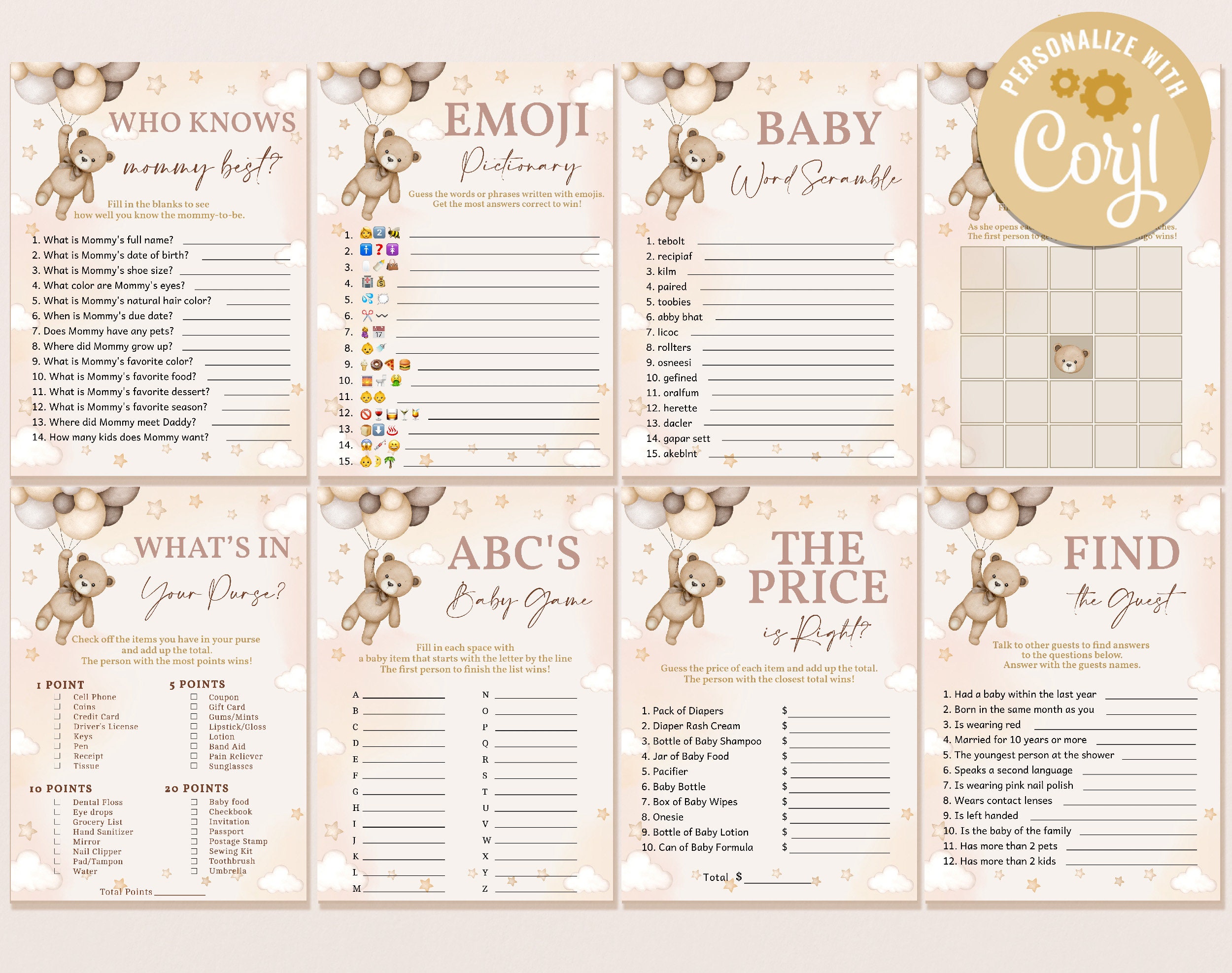 Teddy Bear Baby Shower Game Bundle Printable Boho Party Games Set ...