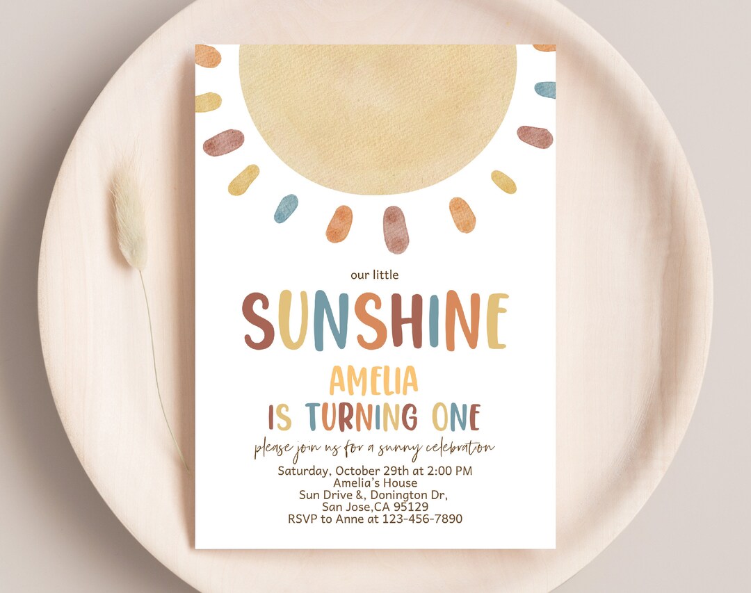 Sunshine Birthday Invitation Boho Sun Boy Girl Summer Party Invite Our ...