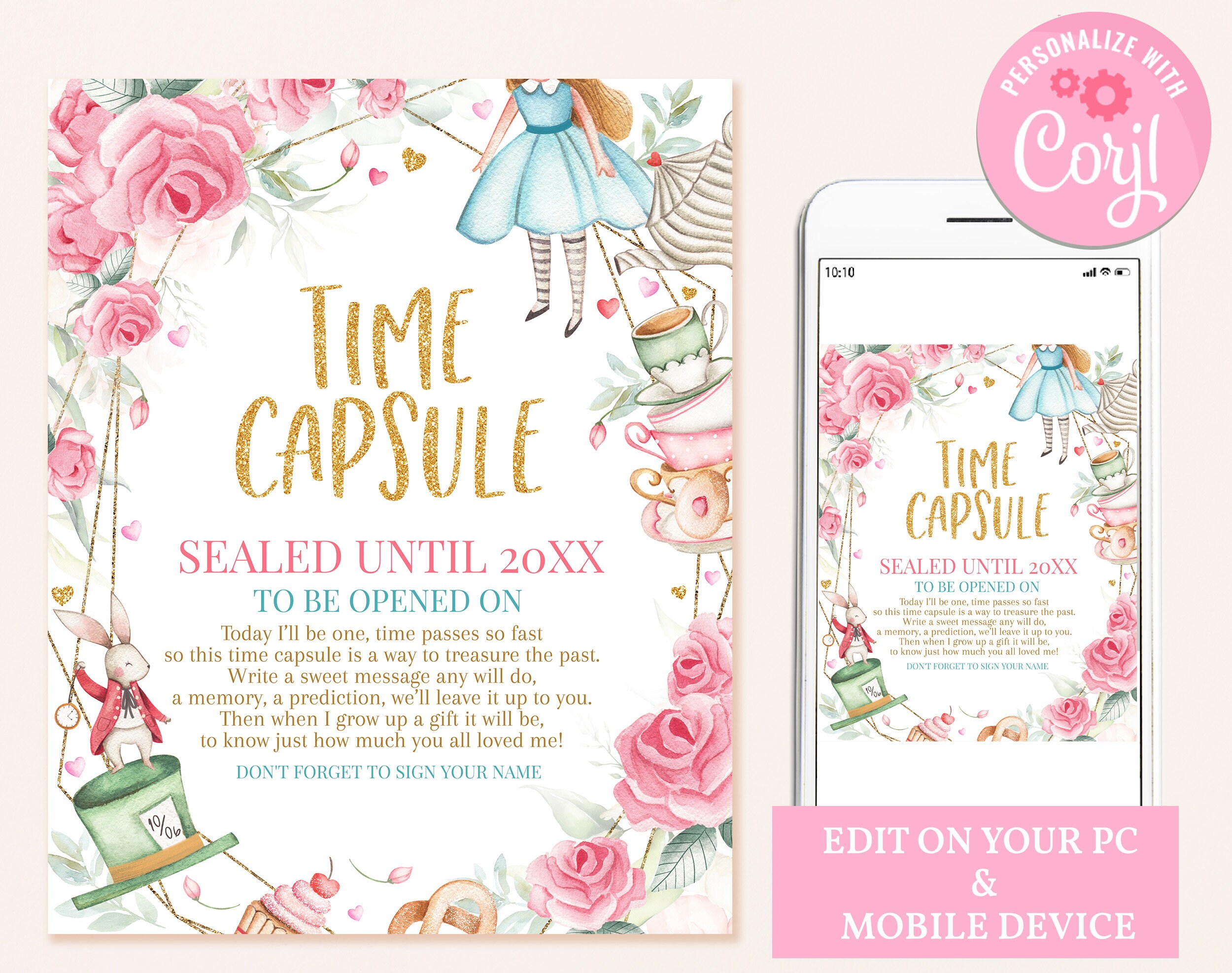 Alice in Wonderland Time Capsule Sign Onederland Girl 1st Birthday ...